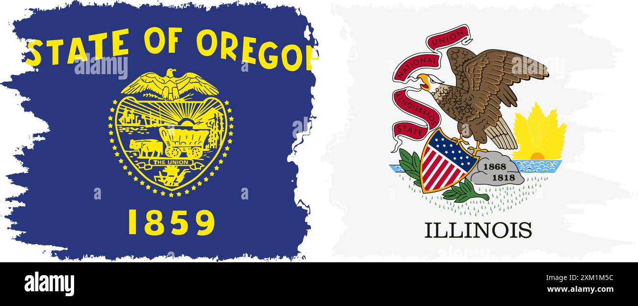 Illinois and Oregon states grunge brush flags connection, vector Stock ...