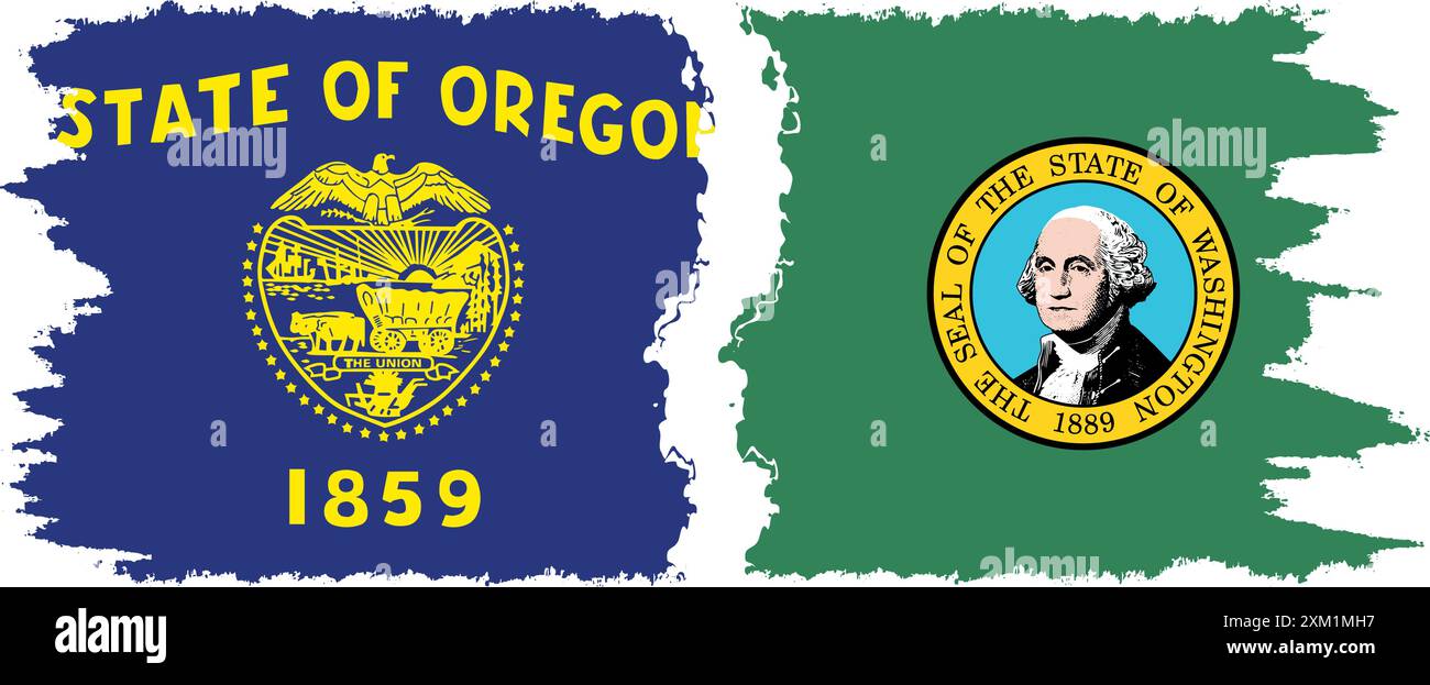 Washington and Oregon states grunge brush flags connection, vector ...