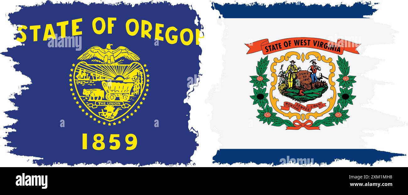 West Virginia and Oregon states grunge brush flags connection, vector ...
