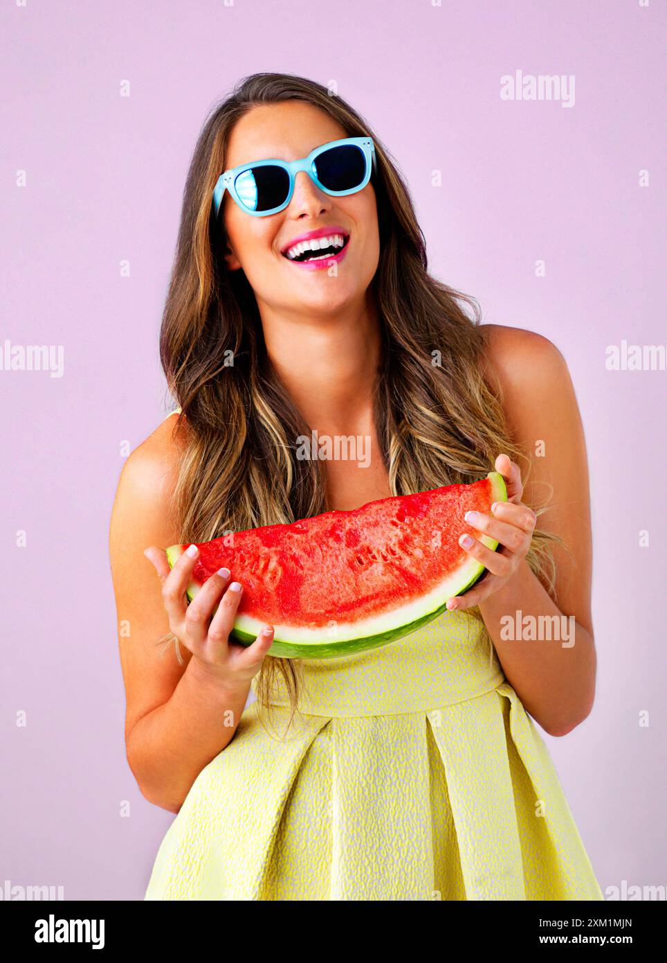 Laugh, woman and portrait with watermelon fruit in studio for summer ...