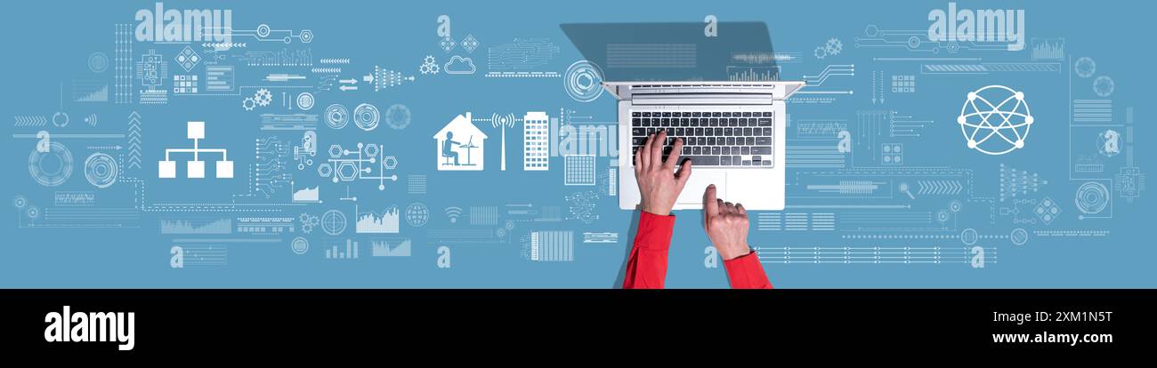 Top view of hands using laptop with symbol of teleworking concept Stock ...