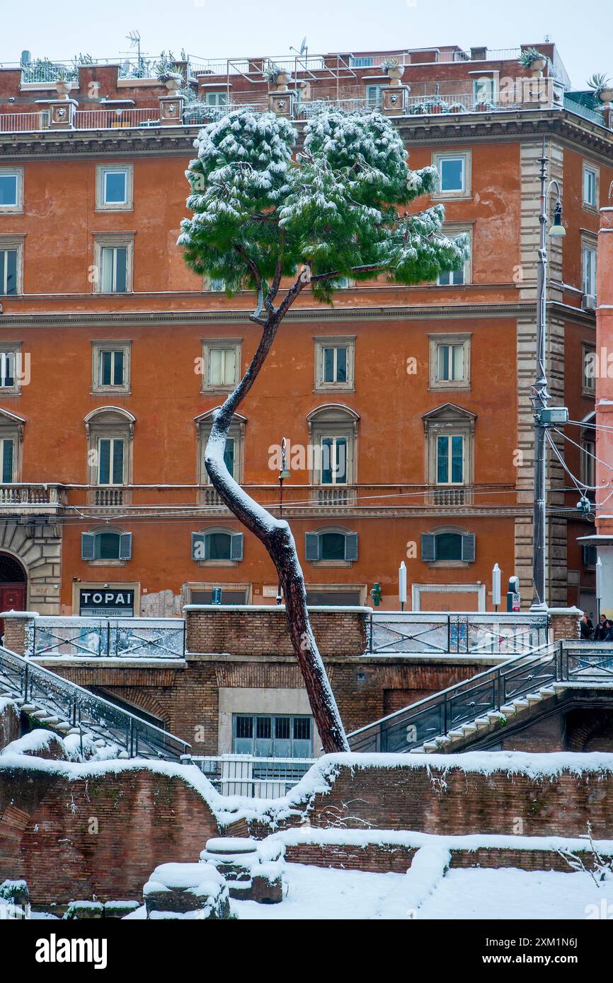 The snow-covered sacred area of Largo Argentina, Rome, Italy Stock ...