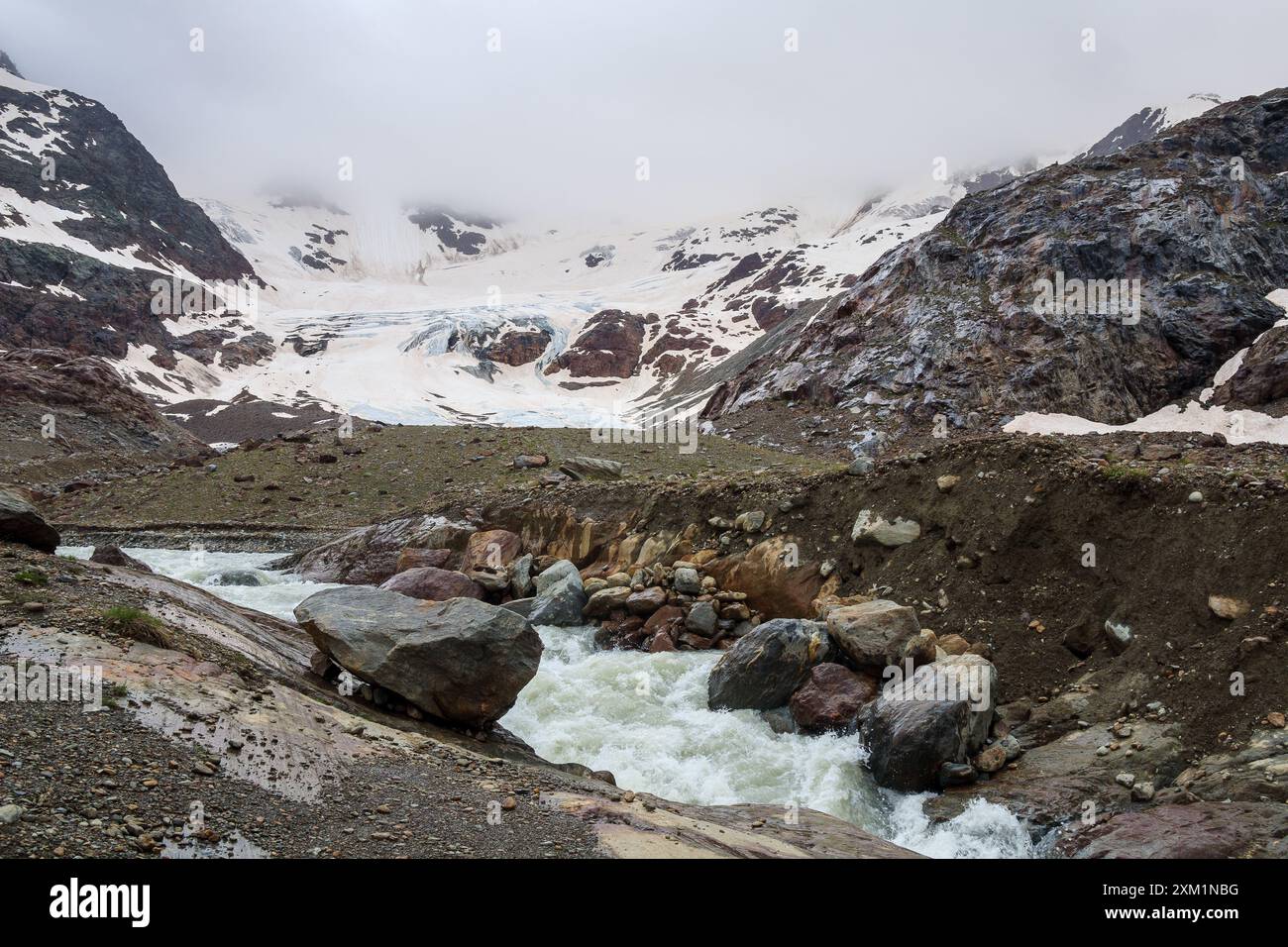 Terminal front of the Forni glacier. Moraine, glacier debris, meltwater ...