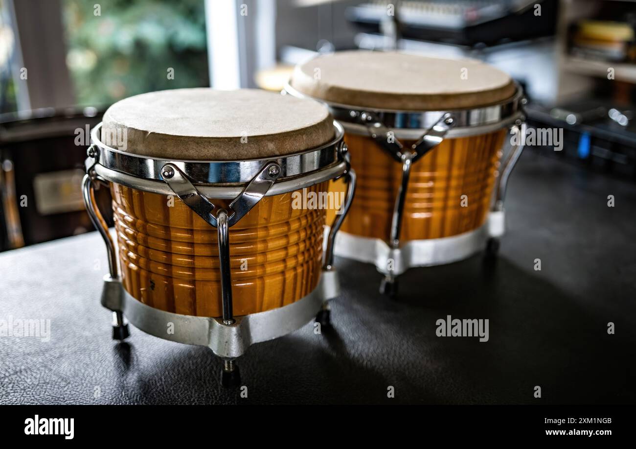 Bongos drums in recording studio for hard beat perfomance. Professional musical instrument for ...