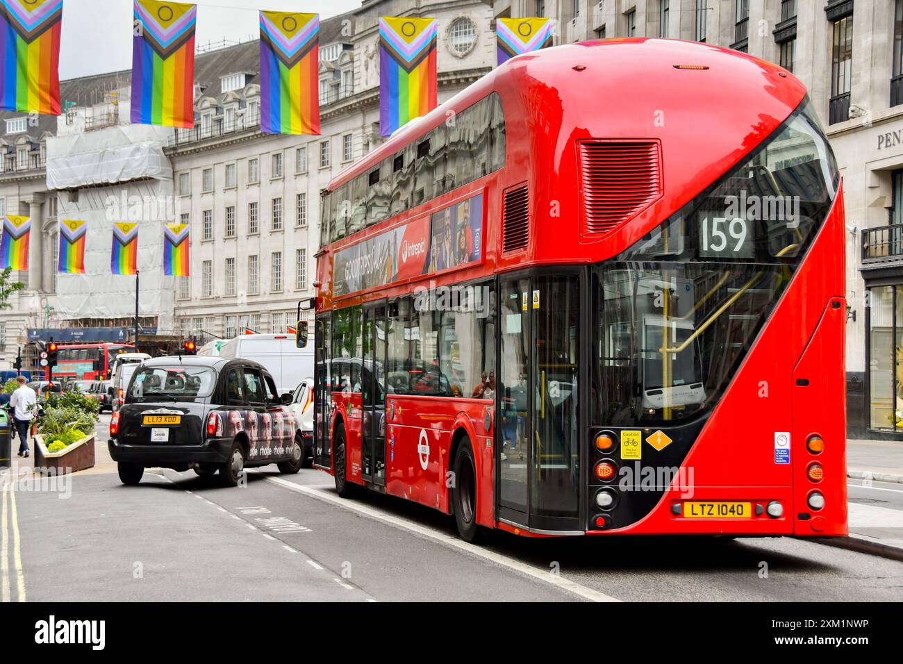 London, England, UK - 27 June 2023: Red London bus in queuing traffic ...