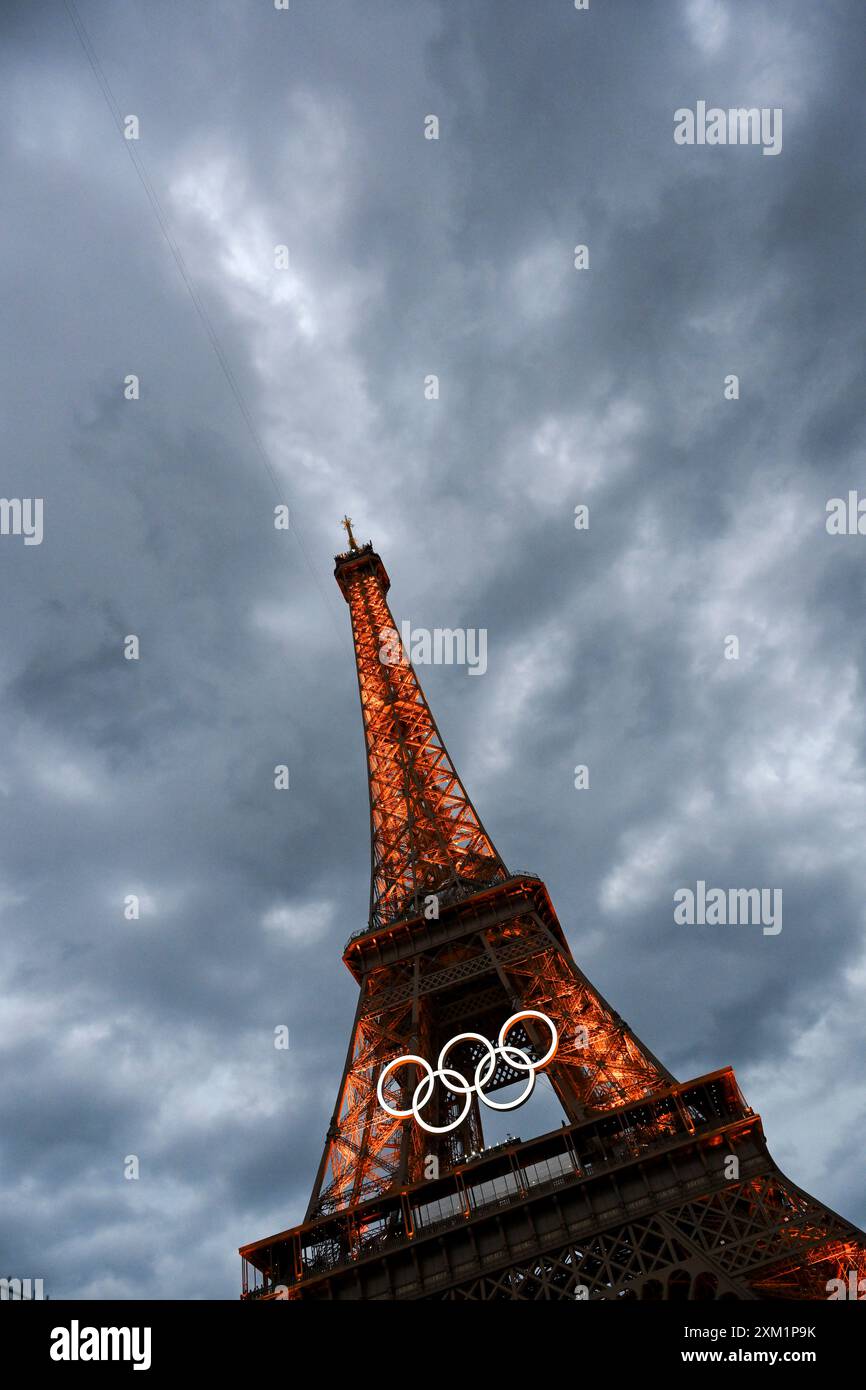 the illuminated Eiffel Tower with the five Olympic rings during the ...