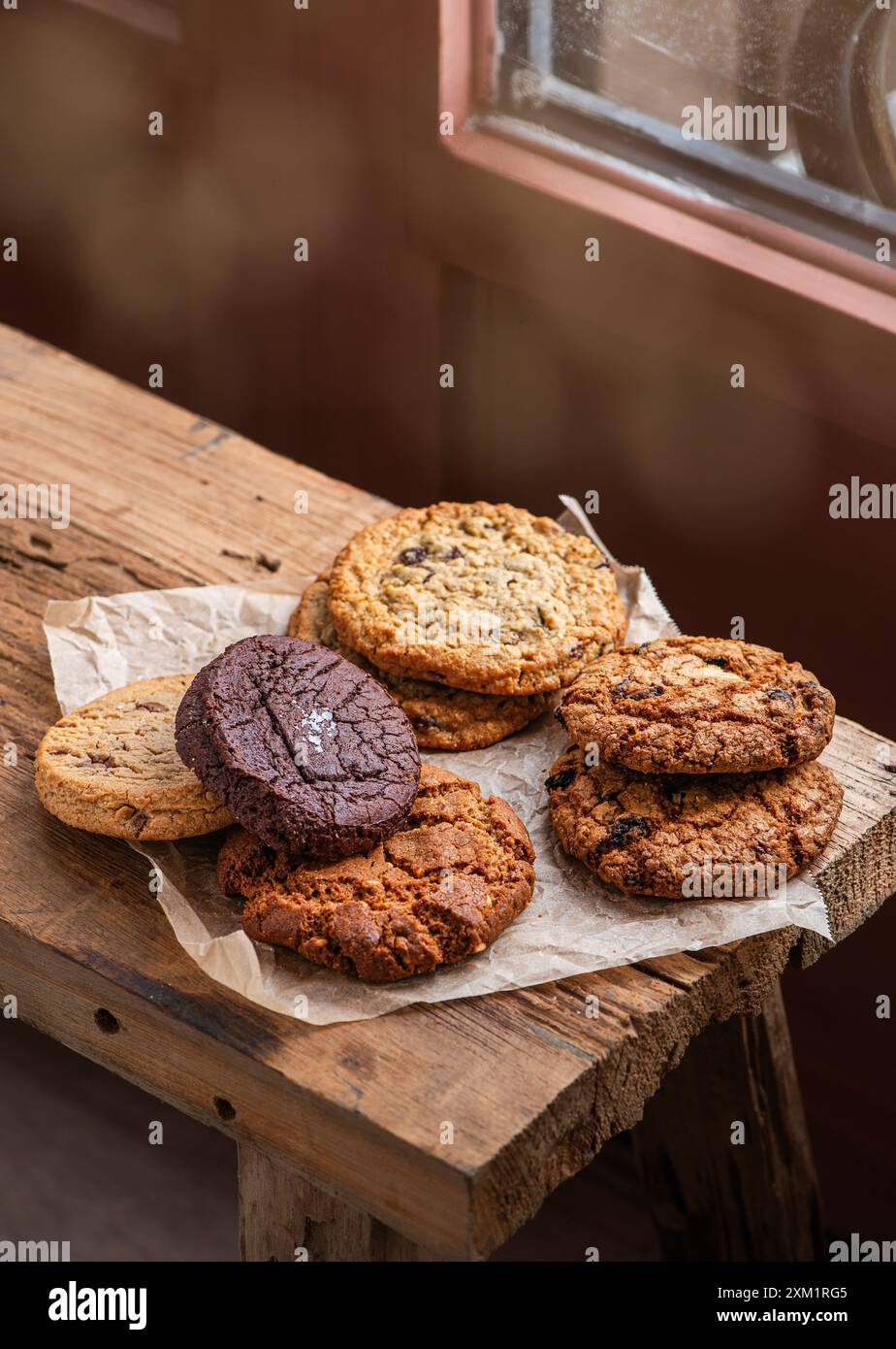 Handmade assorted cookies, chocolate chip cookies, and oats cookies, on ...