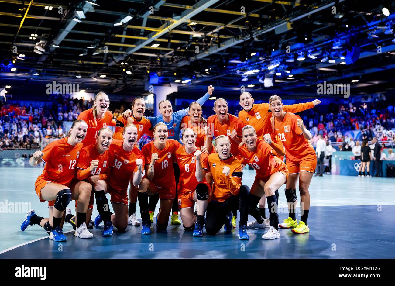 PARIS, France, 25/07/2024, - The Dutch handball players celebrate the ...