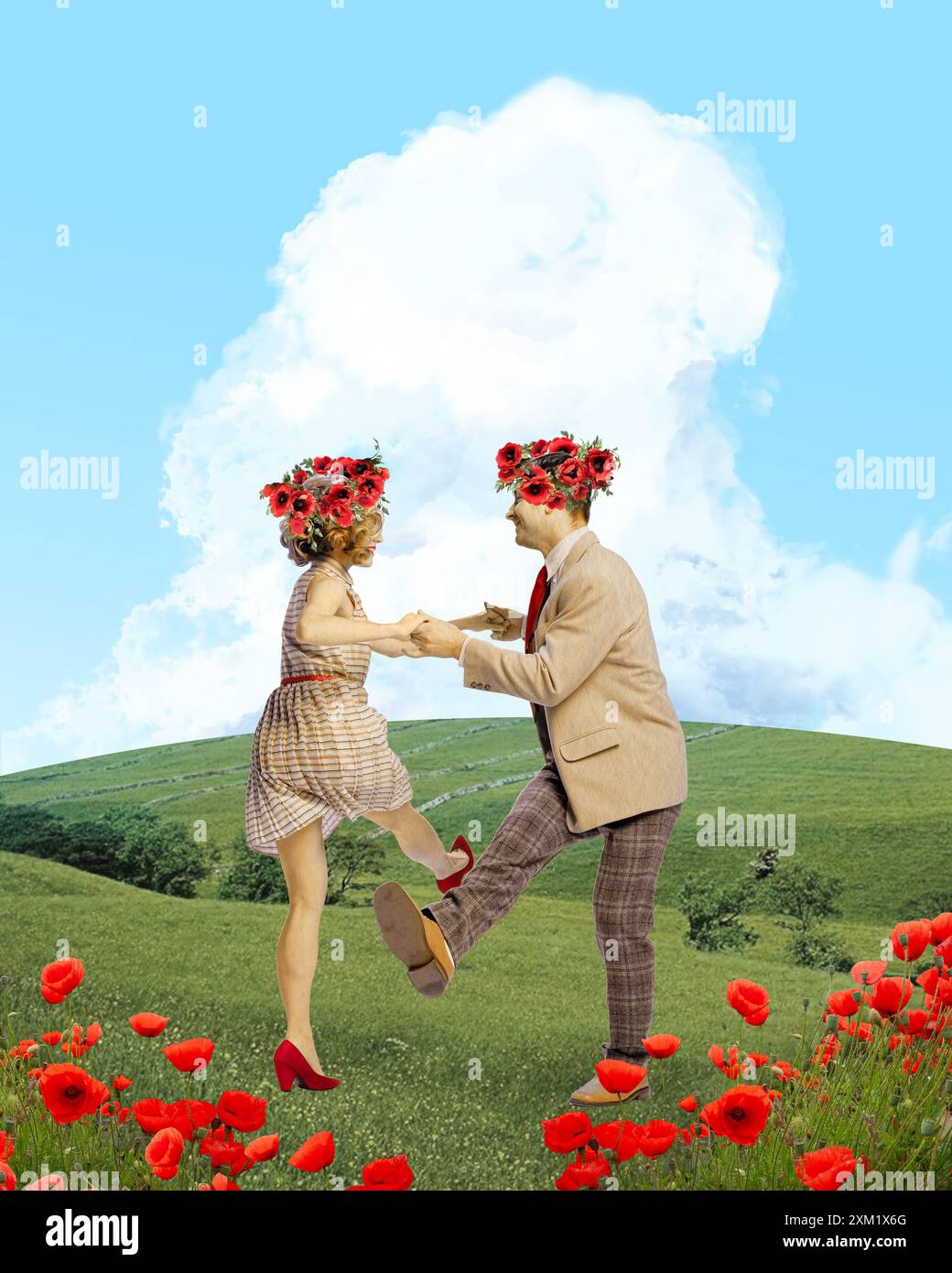 Poster. Contemporary art collage. Couple with floral crowns dances ...