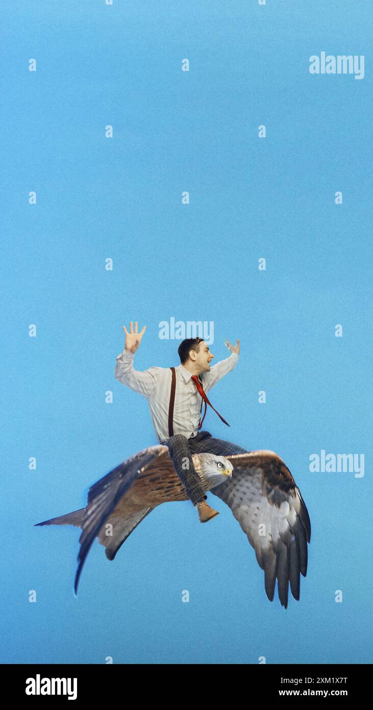 Poster. Contemporary art collage. Man dressed in vintage attire rides ...