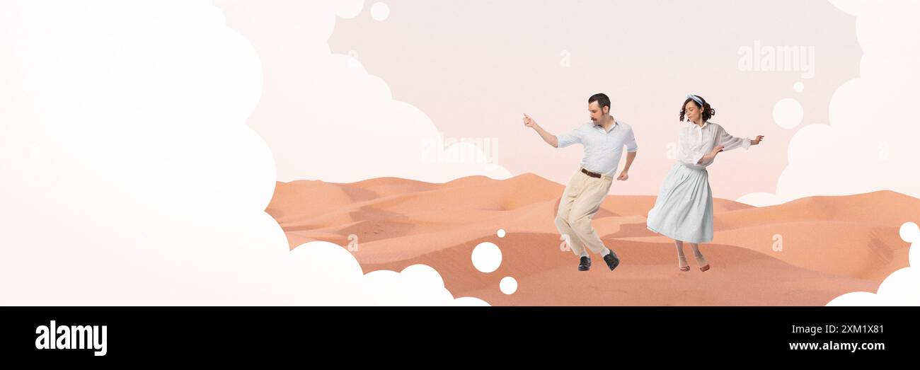 Banner. Contemporary art collage. Couple dances energetically amidst ...