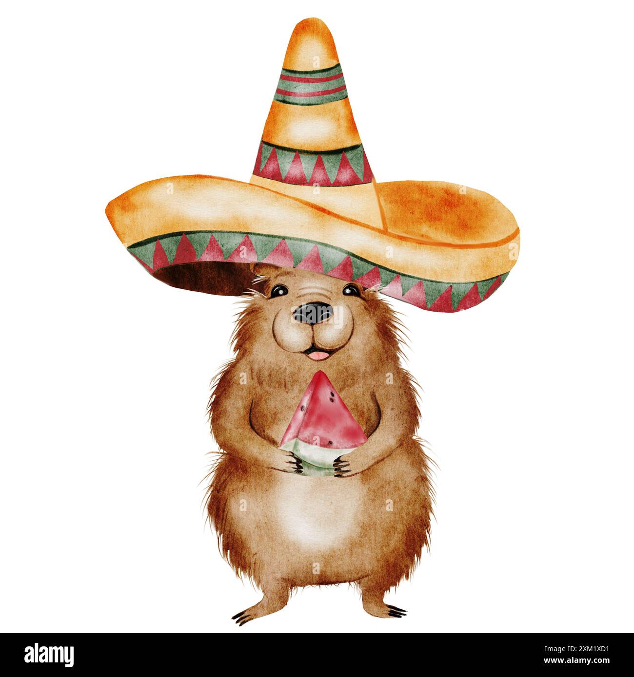 Capybara cartoon watercolor. A funny animal in a Mexican sombrero hat ...