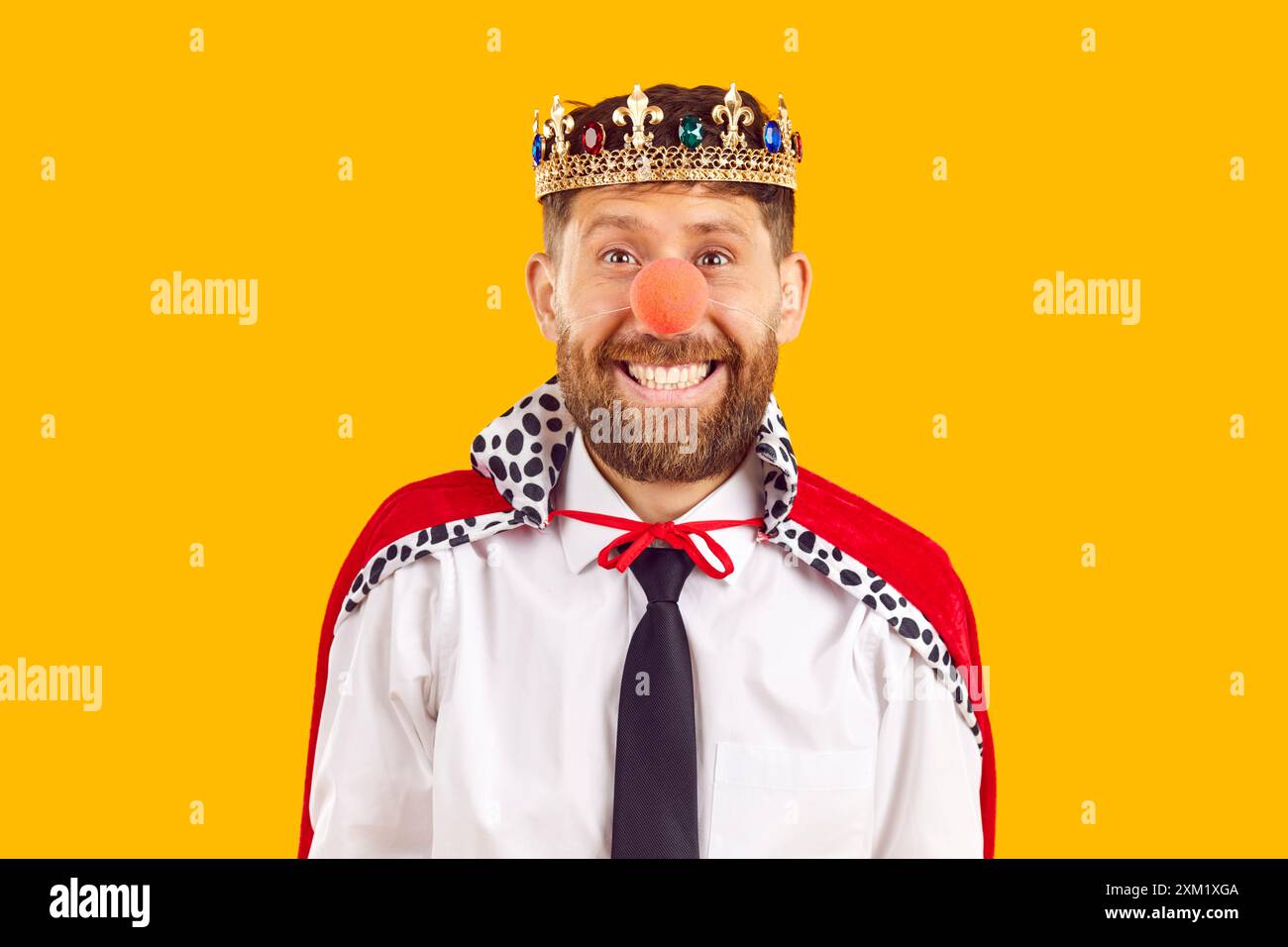 Happy man in shirt and tie with king crown and clown nose looking at ...