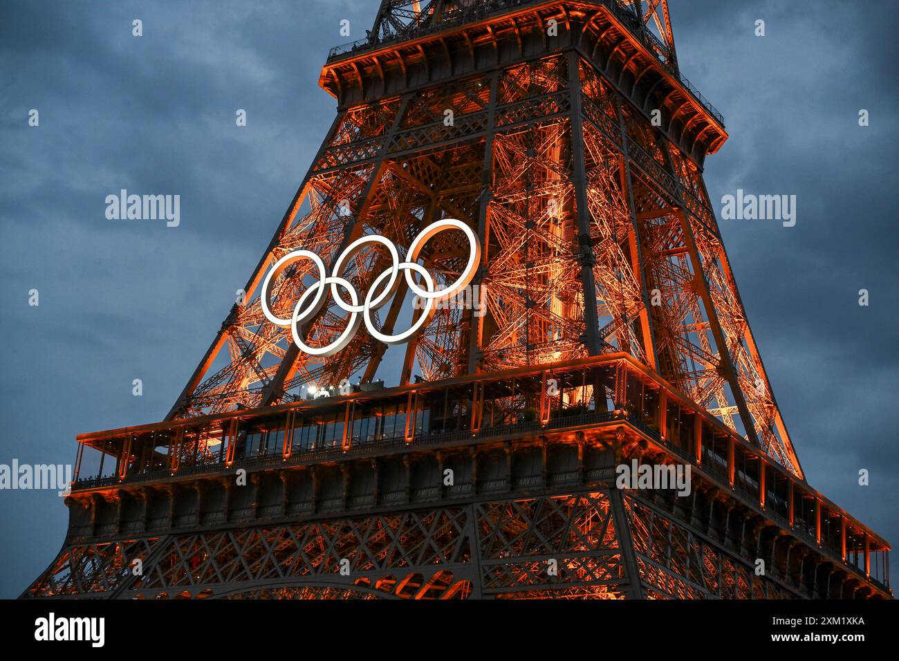 the illuminated Eiffel Tower with the five Olympic rings during the ...