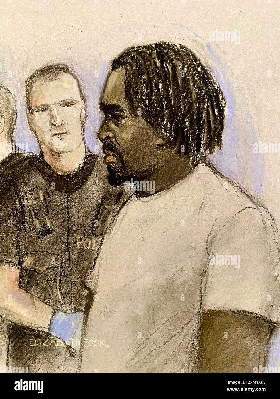 Court artist drawing by Elizabeth Cook of Anthony Esan, 24, (right ...