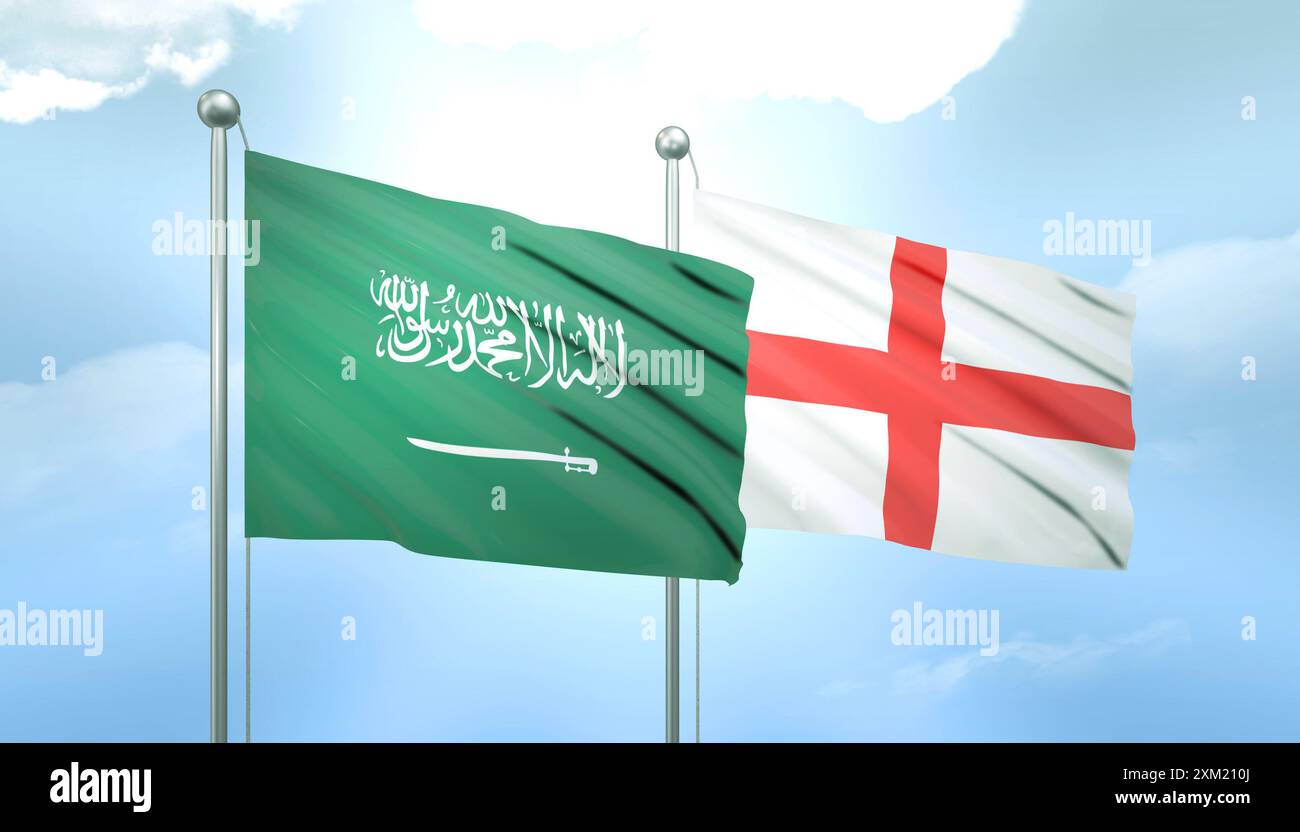 3D Flag of Saudi Arabia and England on Blue Sky with Sun Shine Stock ...