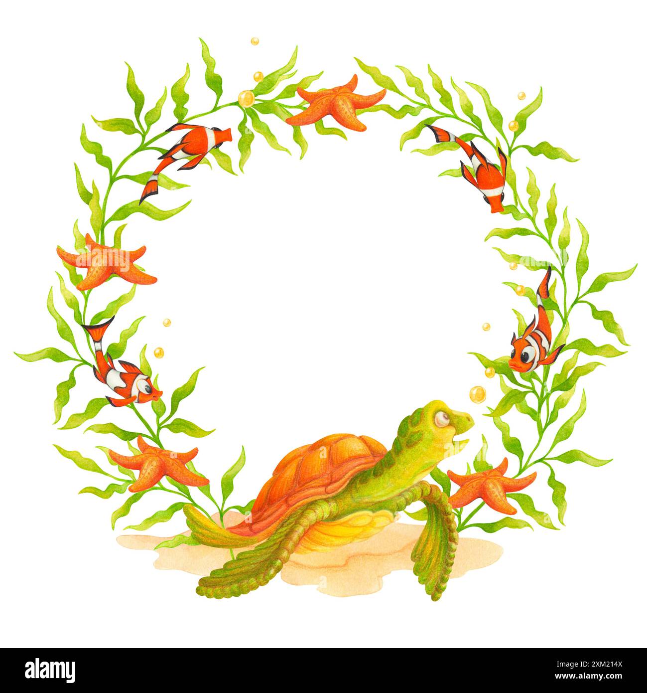 A round wreath with sea turtle, clown fish, starfish and seaweeds ...