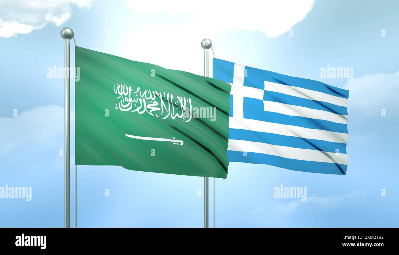 3D Flag of Saudi Arabia and Greece on Blue Sky with Sun Shine Stock ...