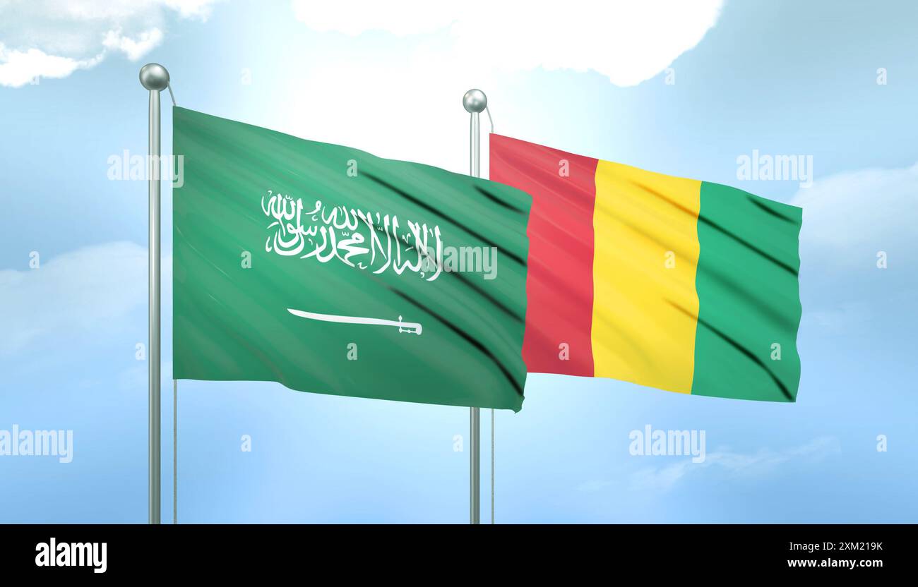 3D Flag of Saudi Arabia and Guinea on Blue Sky with Sun Shine Stock ...