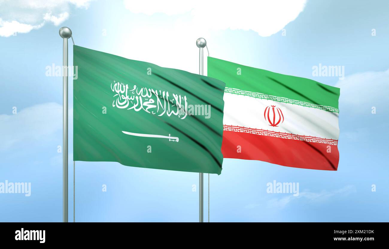 3D Flag of Saudi Arabia and Iran on Blue Sky with Sun Shine Stock Photo ...