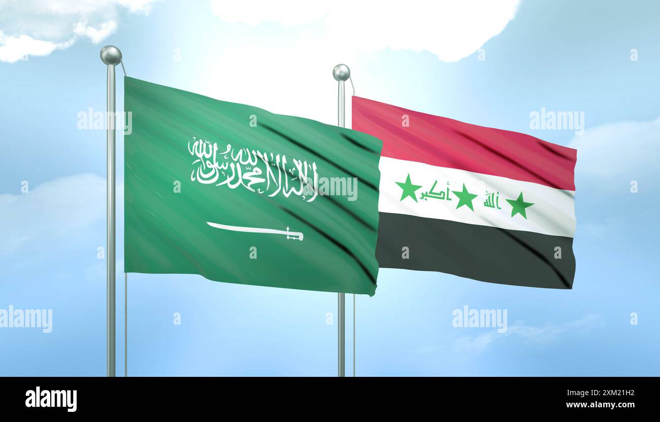 3D Flag of Saudi Arabia and Iraq on Blue Sky with Sun Shine Stock Photo ...