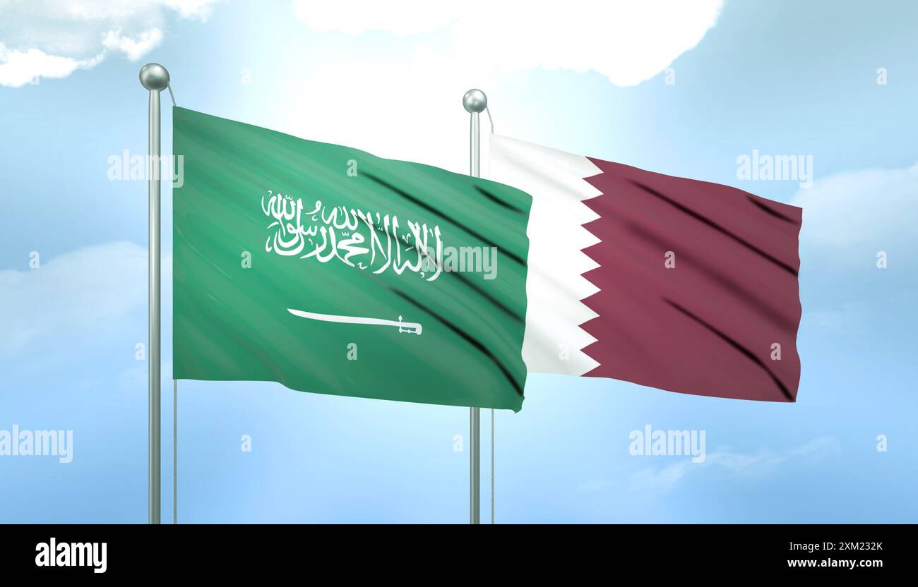 3D Flag of Saudi Arabia and Qatar on Blue Sky with Sun Shine Stock ...