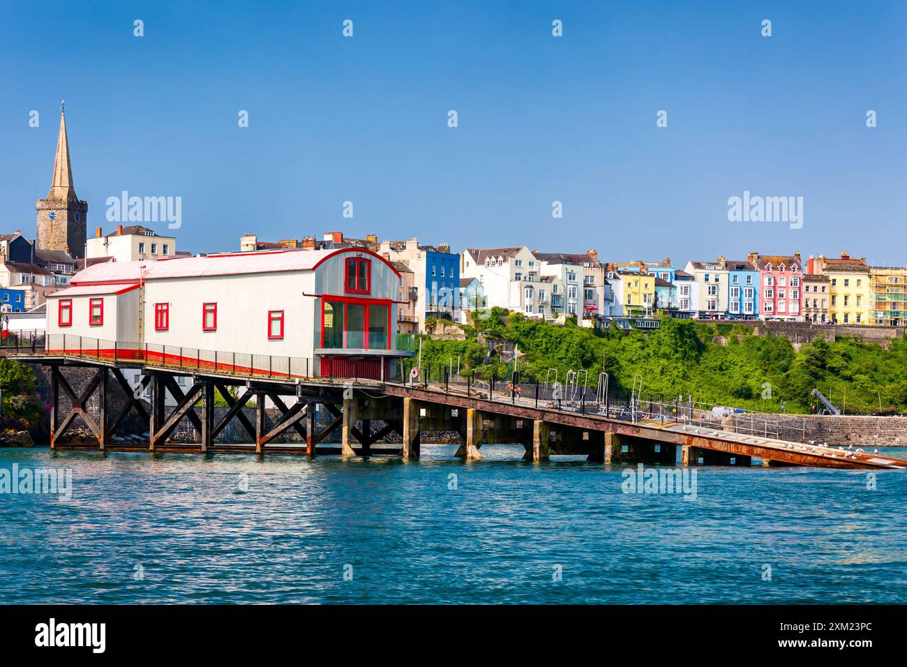 Colorful buildings along the seafront of the Welsh coastal town of ...