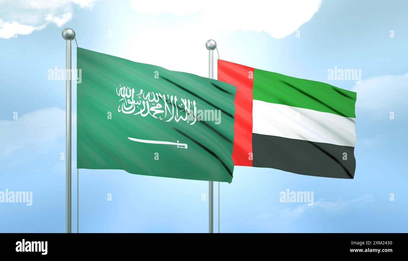 3D Flag of Saudi Arabia and UAE on Blue Sky with Sun Shine Stock Photo ...