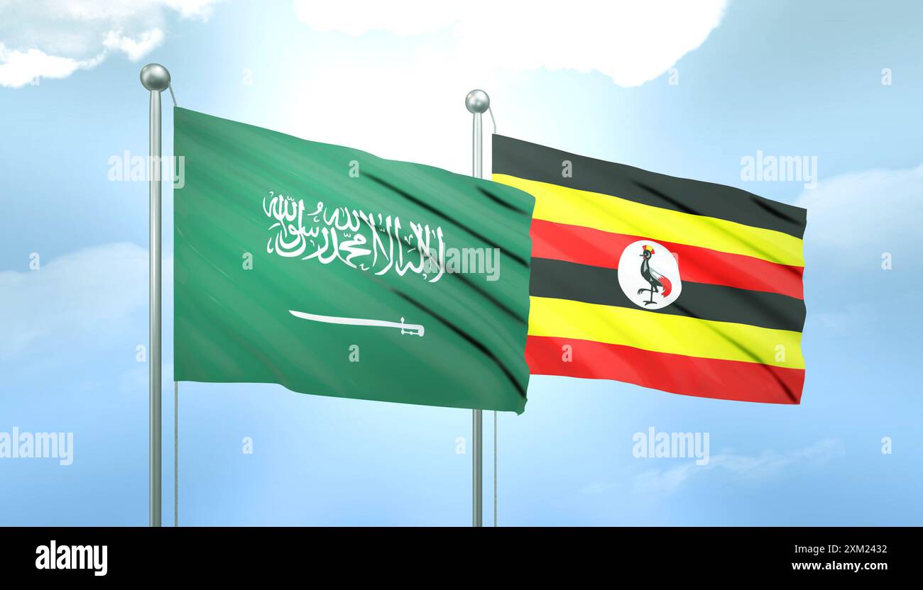 3D Flag of Saudi Arabia and Uganda on Blue Sky with Sun Shine Stock ...