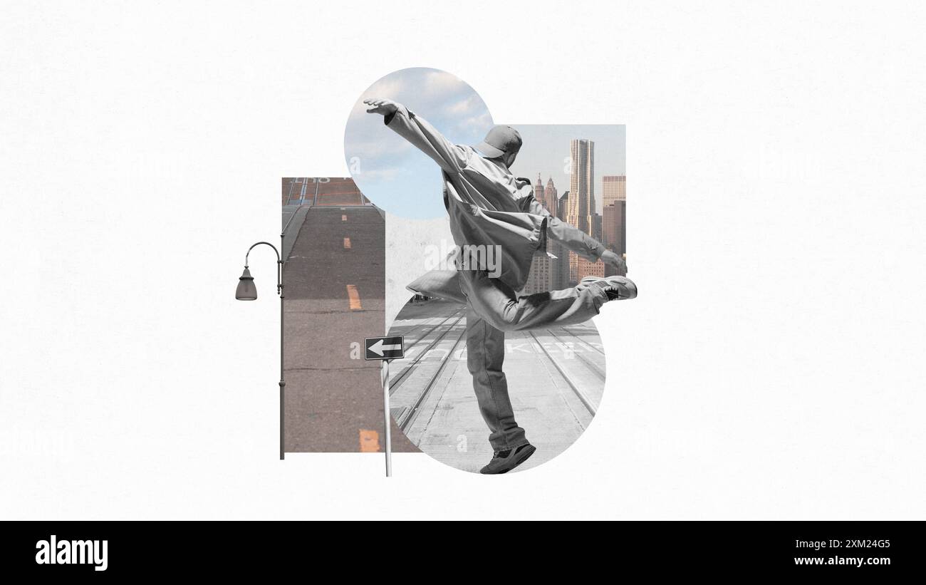 Young guy dancing modern dance, hip-hop, breakdance against urban scene ...