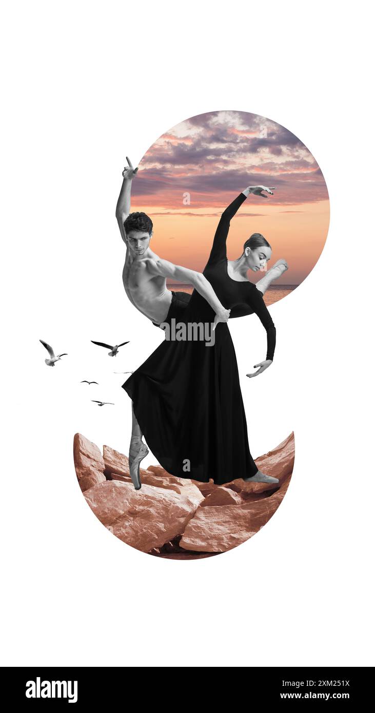 Dancers, man and woman in flowing black dancing atop rocky element, set ...