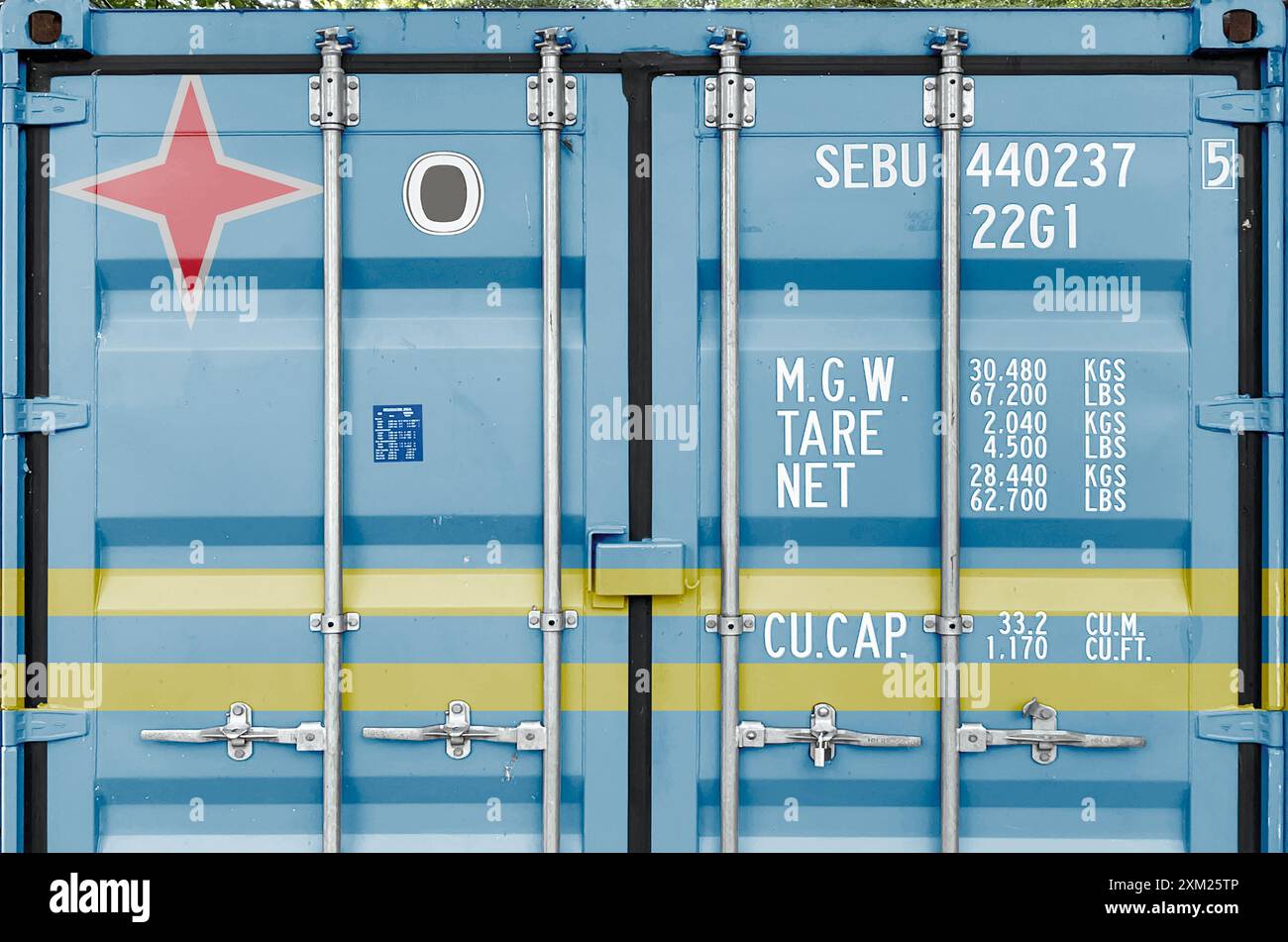 Aruba flag depicted on metal doors of shipping cargo container outdoors ...