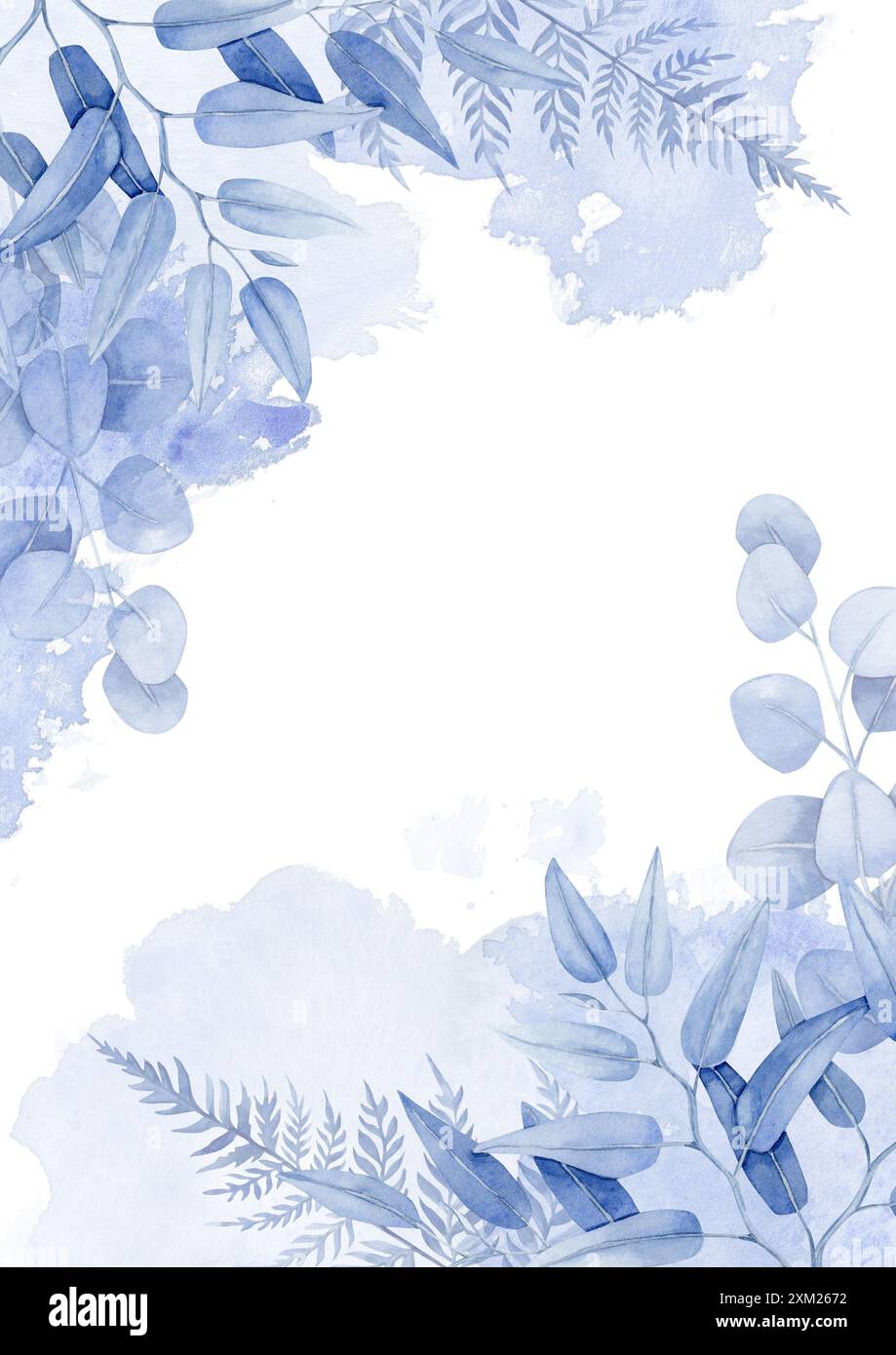 Hand drawn watercolor ilustration card with blue colored fern, silver ...