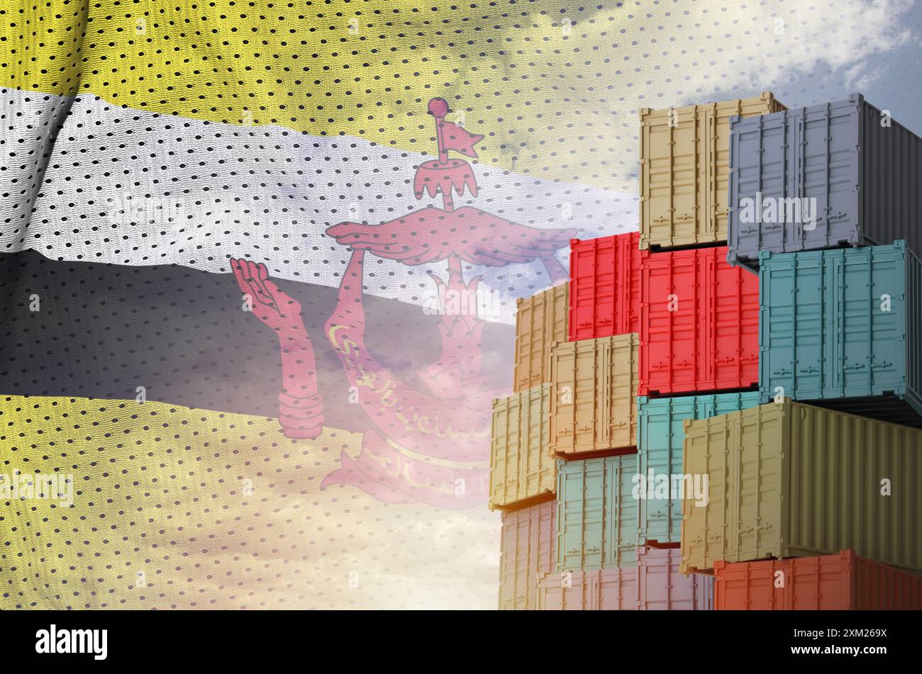 Brunei Darussalam flag and big stack of shipping cargo containers in ...