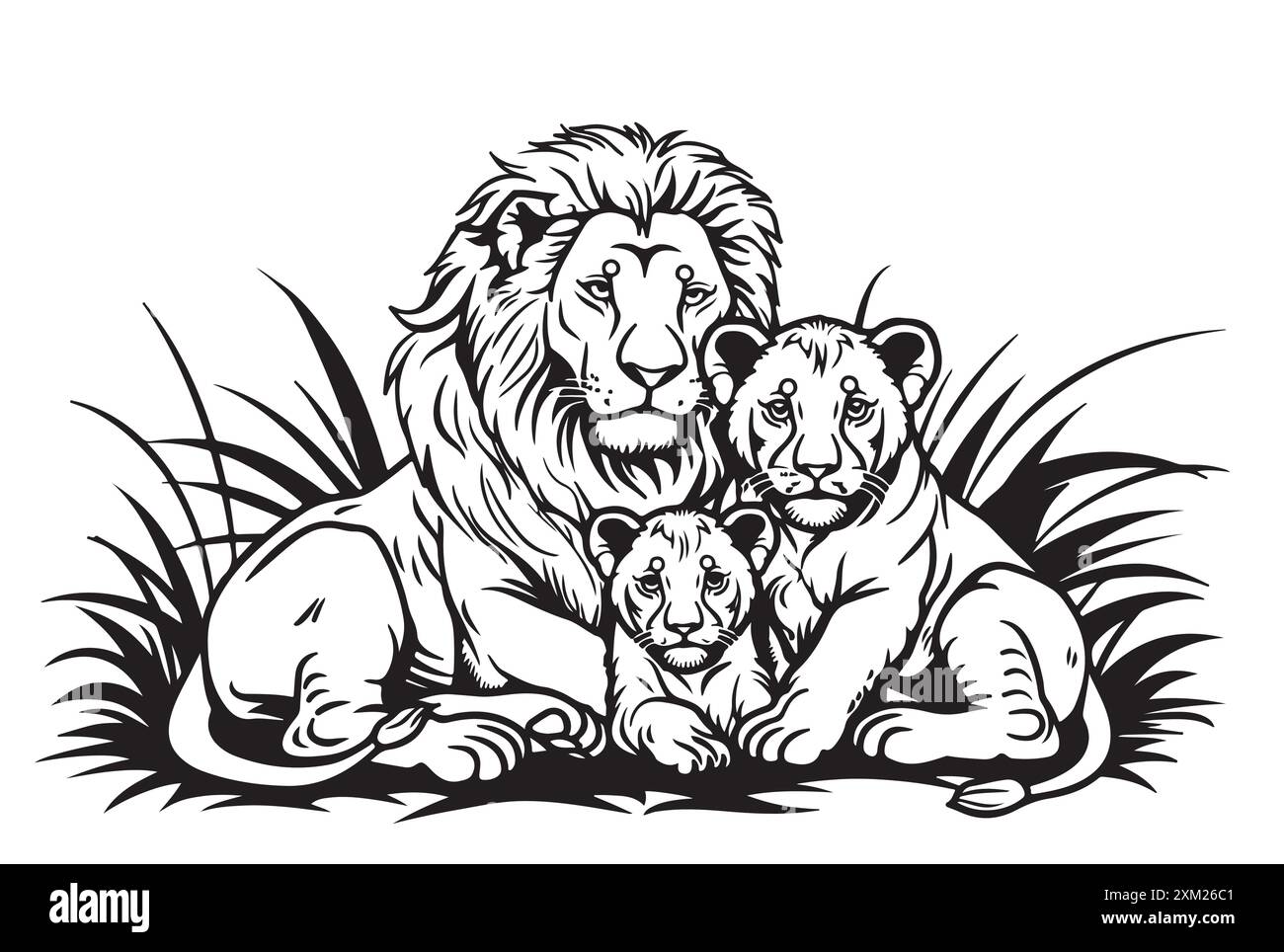 Animals set. Lion family lion and cub. Sketch. Engraving style. Vector ...
