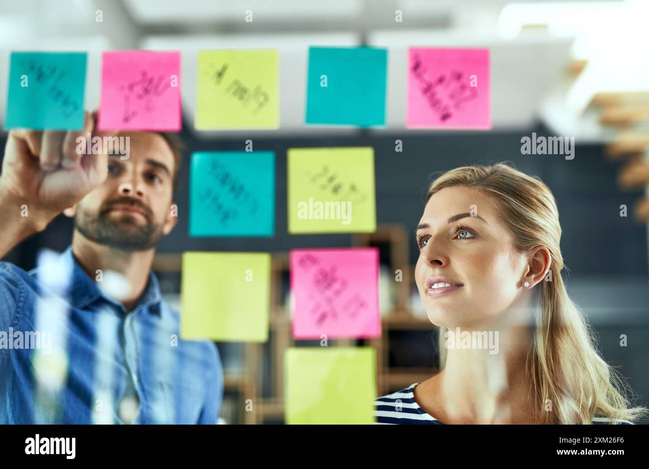 Teamwork, people and sticky notes on glass for project ideas, planning ...