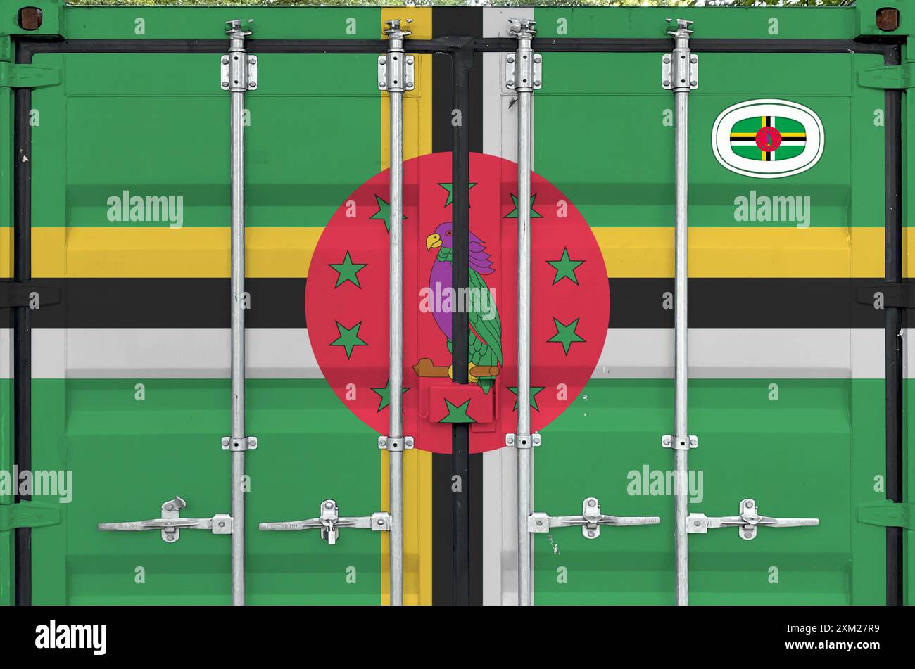 Dominica flag depicted on metal doors of shipping cargo container ...