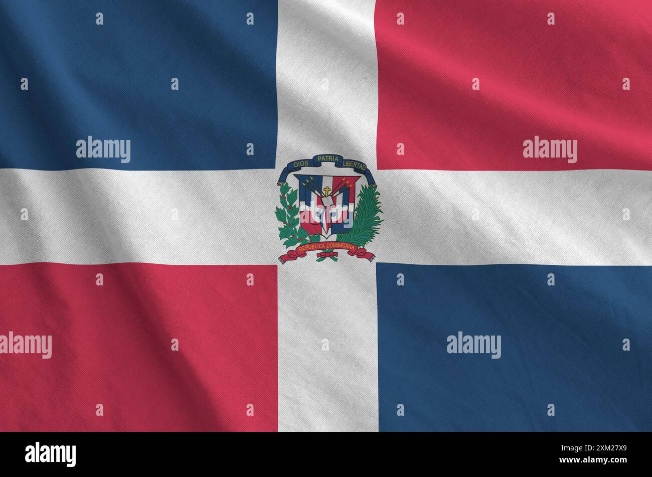 Dominican Republic flag depicted on folded wavy fabric of old cloth ...
