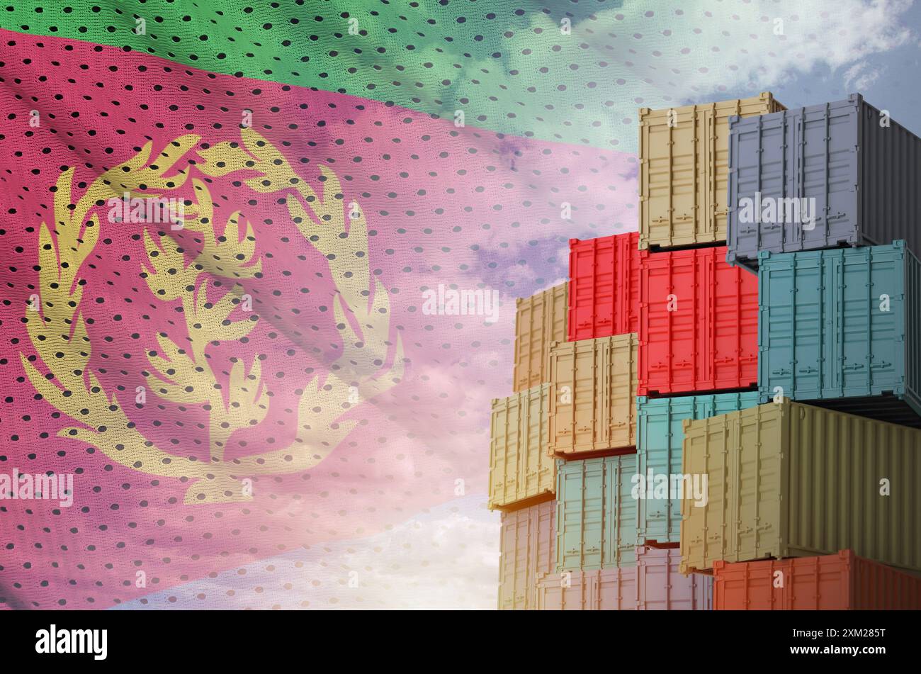 Eritrea flag and big stack of shipping cargo containers in docks with ...
