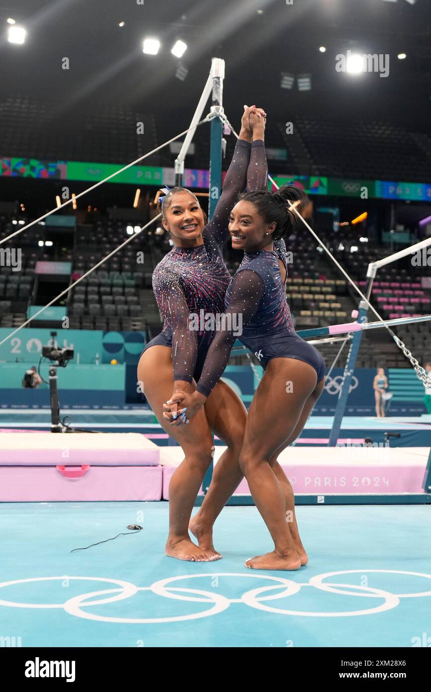 Jordan Chiles, left, and Simone Biles of the United States pose for a ...
