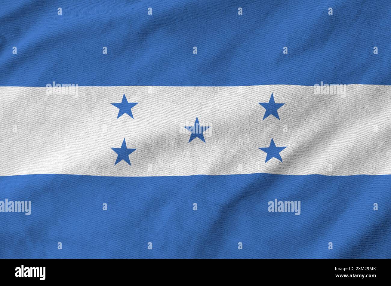 Honduras flag depicted on folded wavy fabric of old cloth close up ...