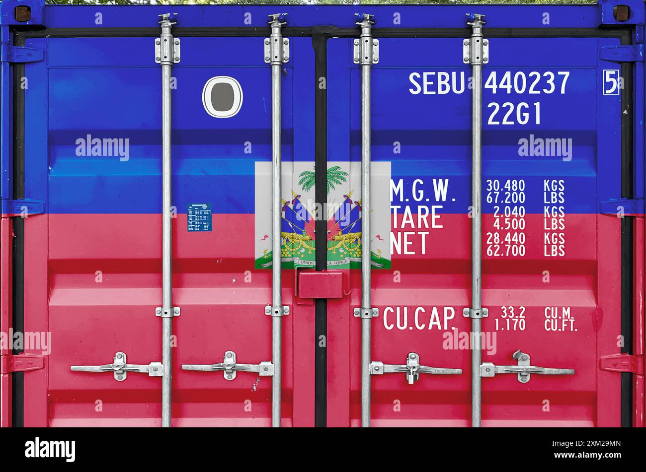 Haiti flag depicted on metal doors of shipping cargo container outdoors ...