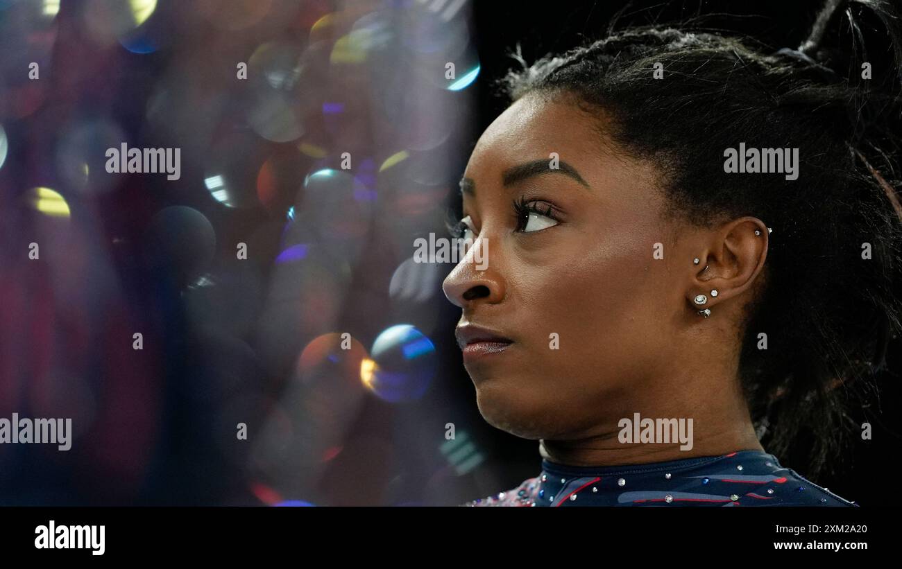 Simone Biles of the United States prepares to practice during a ...