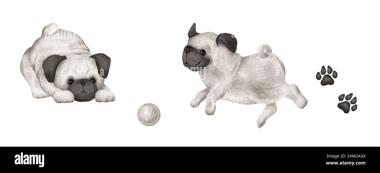 Cartoon set of animal dogs and paws, ball for kids design . Hand drawn ...