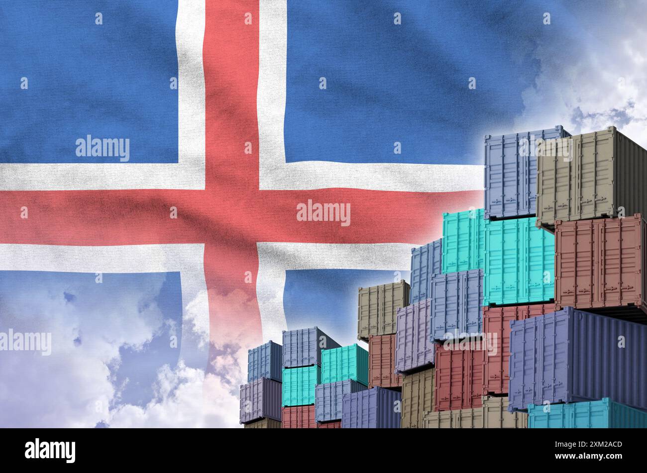 Iceland flag and big stack of shipping cargo containers in docks with ...