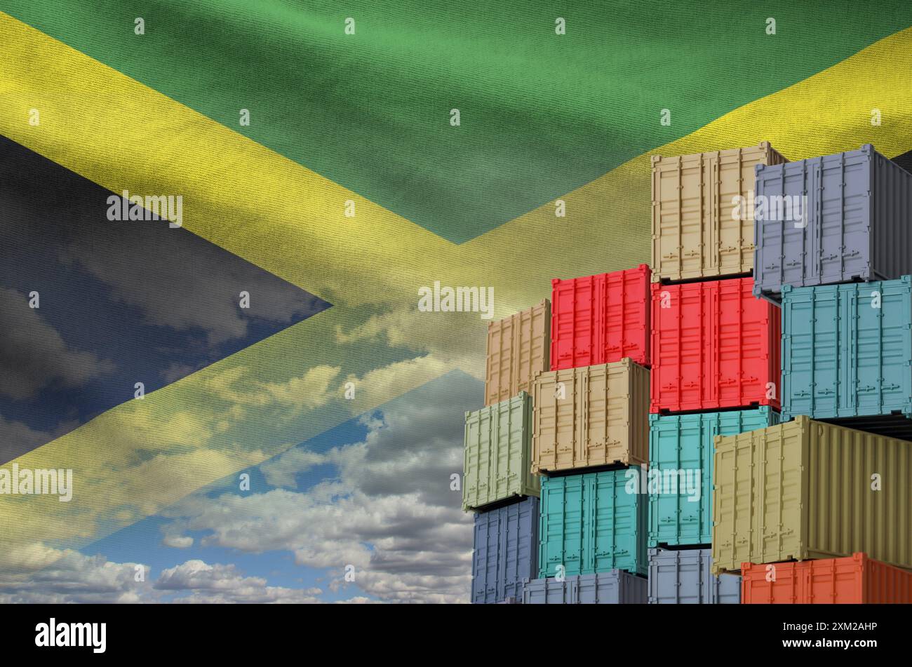 Jamaica flag and big stack of shipping cargo containers in docks with ...
