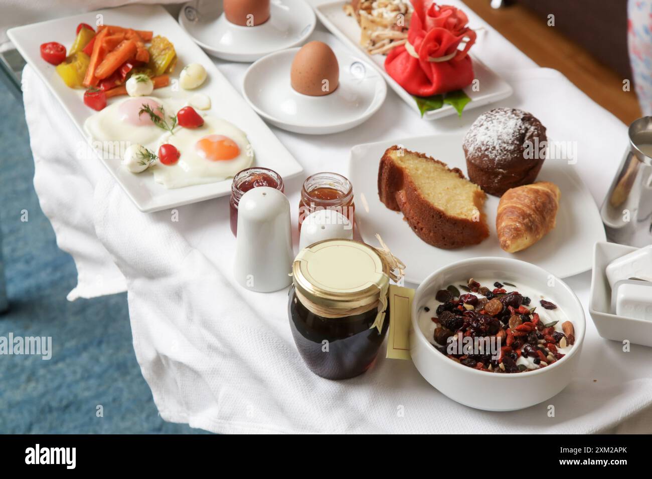 Classic hotel breakfast with various choice of food, eggs, cereals ...