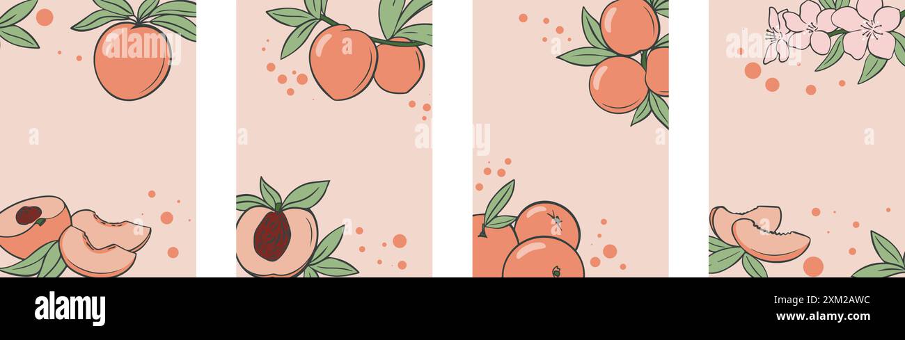 Set of four backgrounds featuring peaches with leaves and flowers ...
