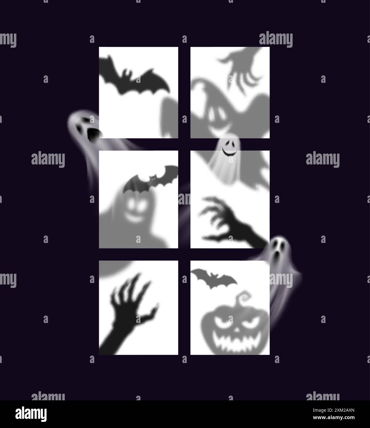 Halloween window silhouettes. Realistic ghosts and monster hands and ...
