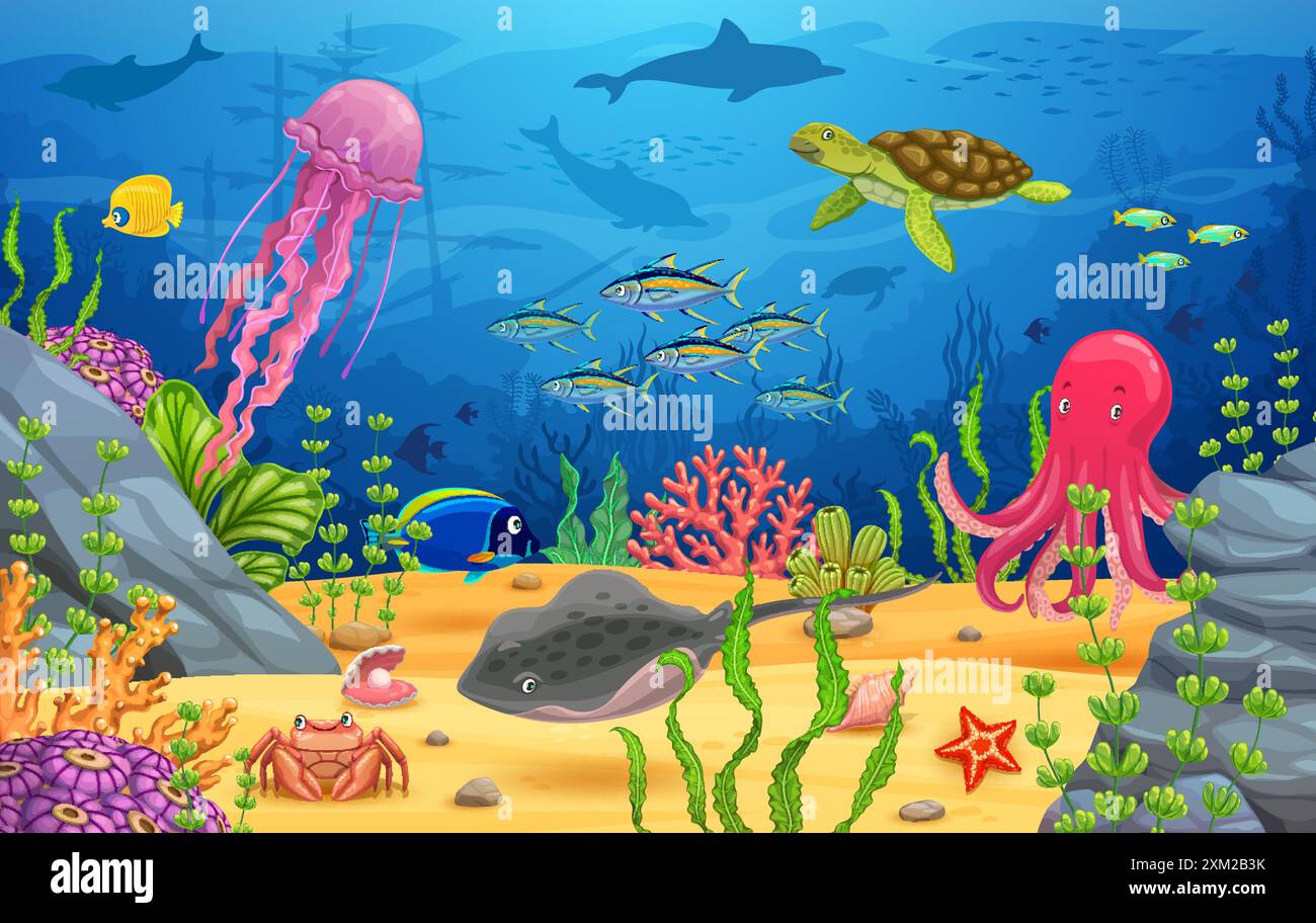 Underwater game landscape, cartoon sea animals. Turtle, jellyfish ...